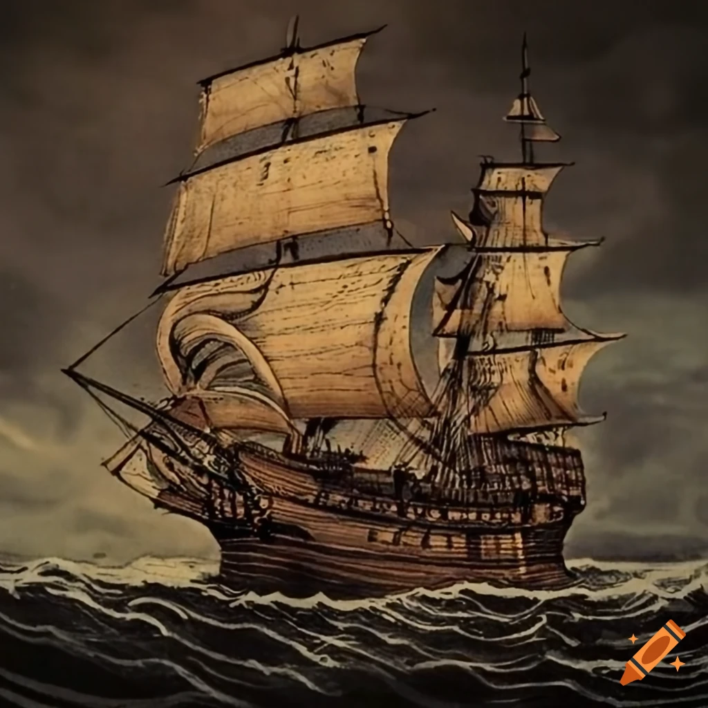 English buccaneers ship, stormy waves japanese woodprint on Craiyon