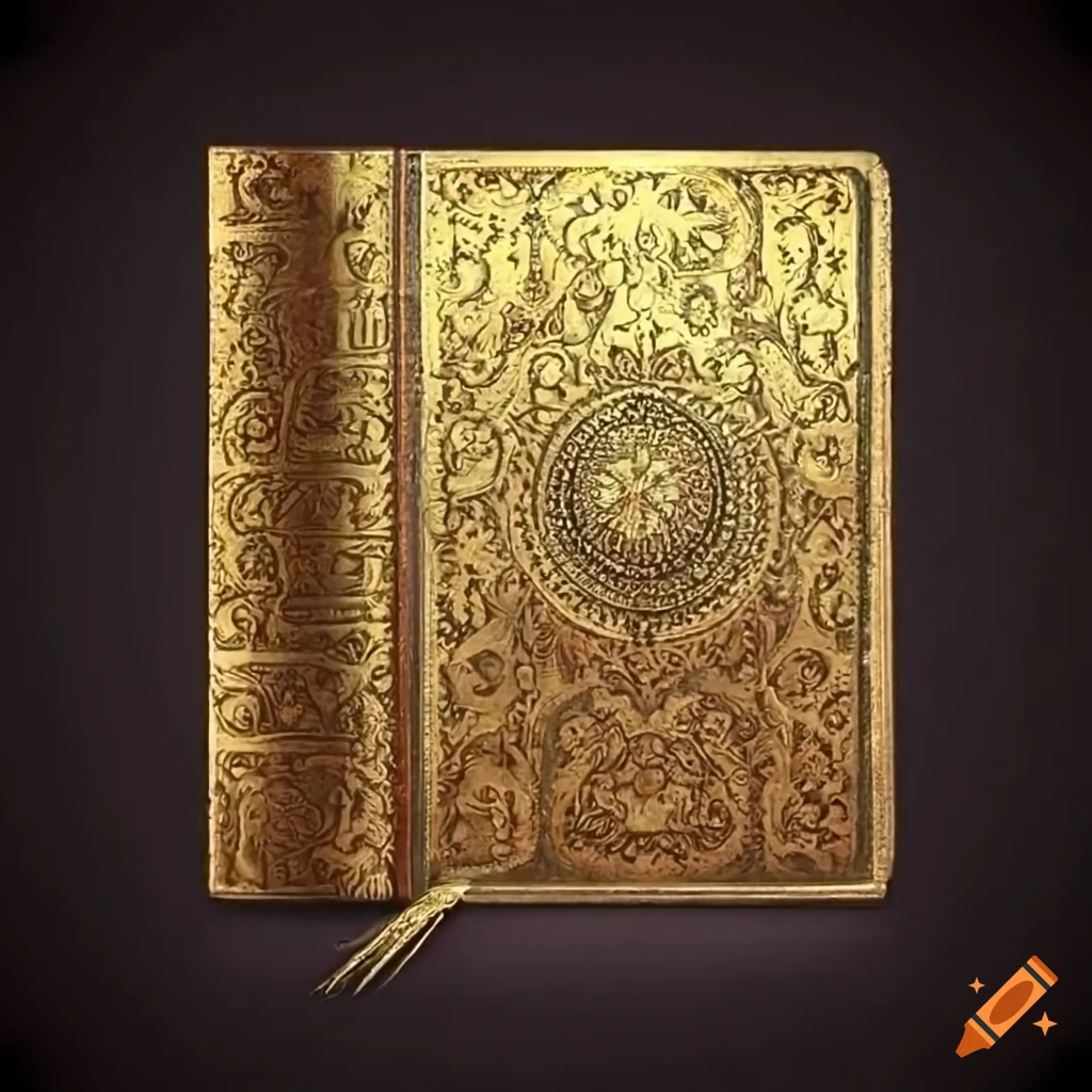 A closed book with intricate gold markings on the front on Craiyon