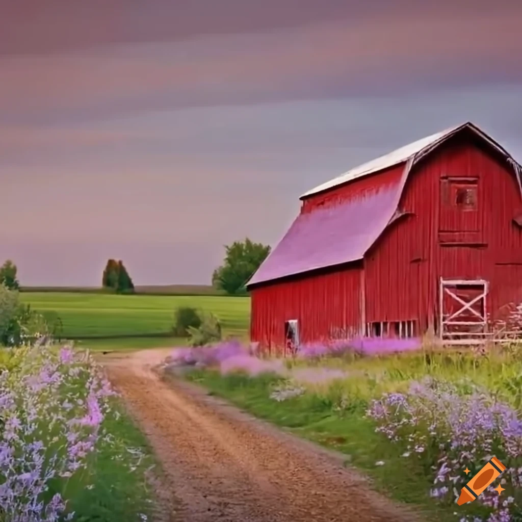 A red barn on a dirt road in rural countryside few flowers on Craiyon