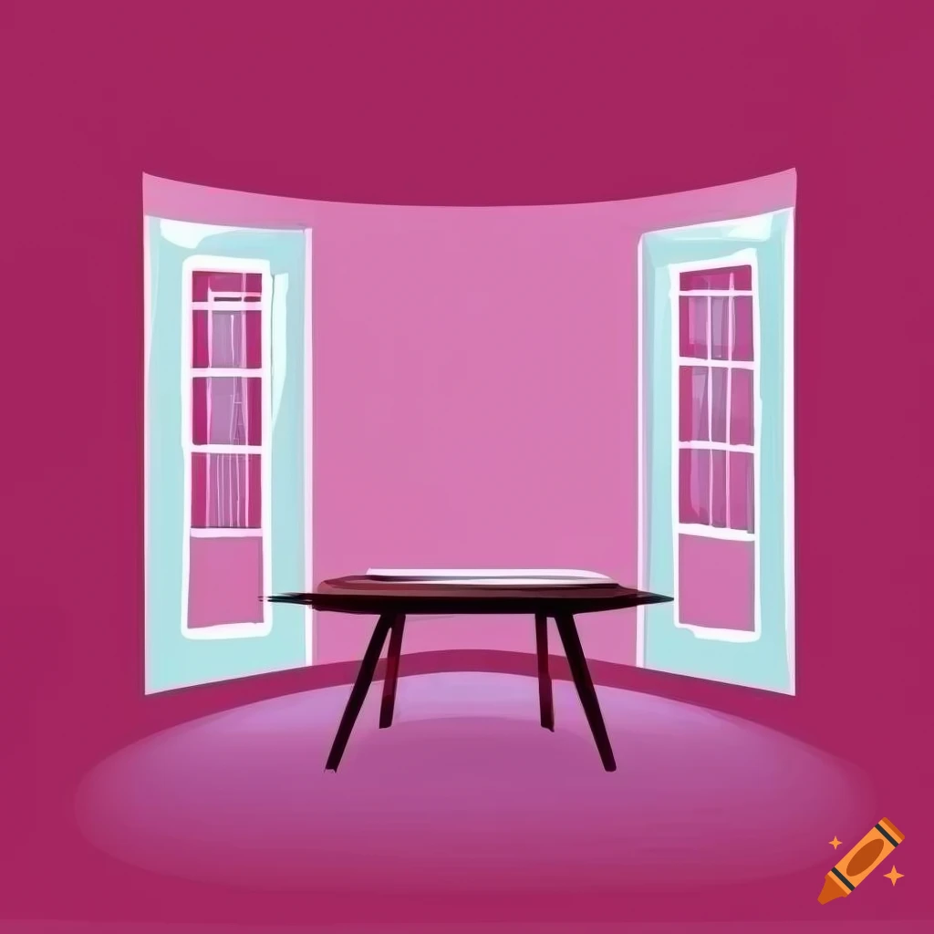 A pink room with a table in color white, draw style vectorial on Craiyon