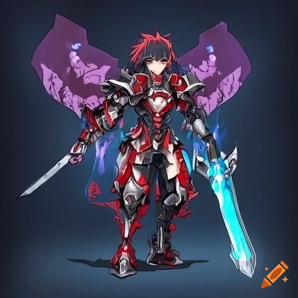 Kazuki Takahashi artstyle. Fusion Between 2 Knights. Black Curly Hair. Red Eyes. Dark red, red ...