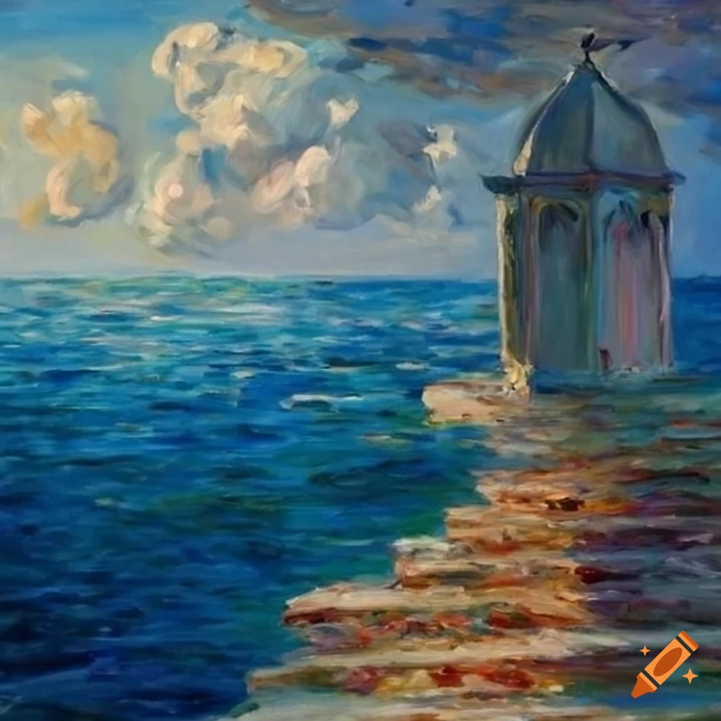Alassio chapel, sea, oil painting on canvas Claude Monet , clouds ...