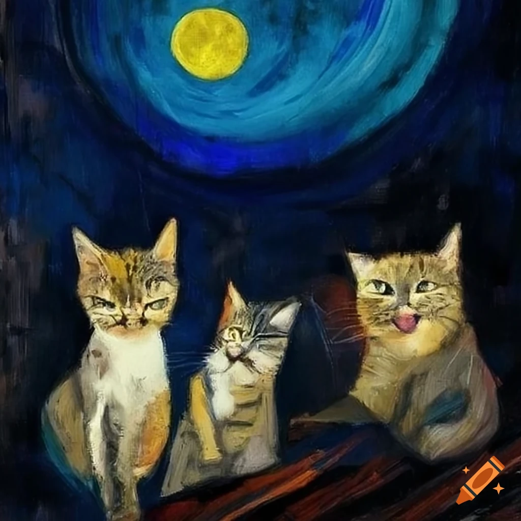 Four tired goofy cats, sitting on an old wooden backyard fence, singing ...