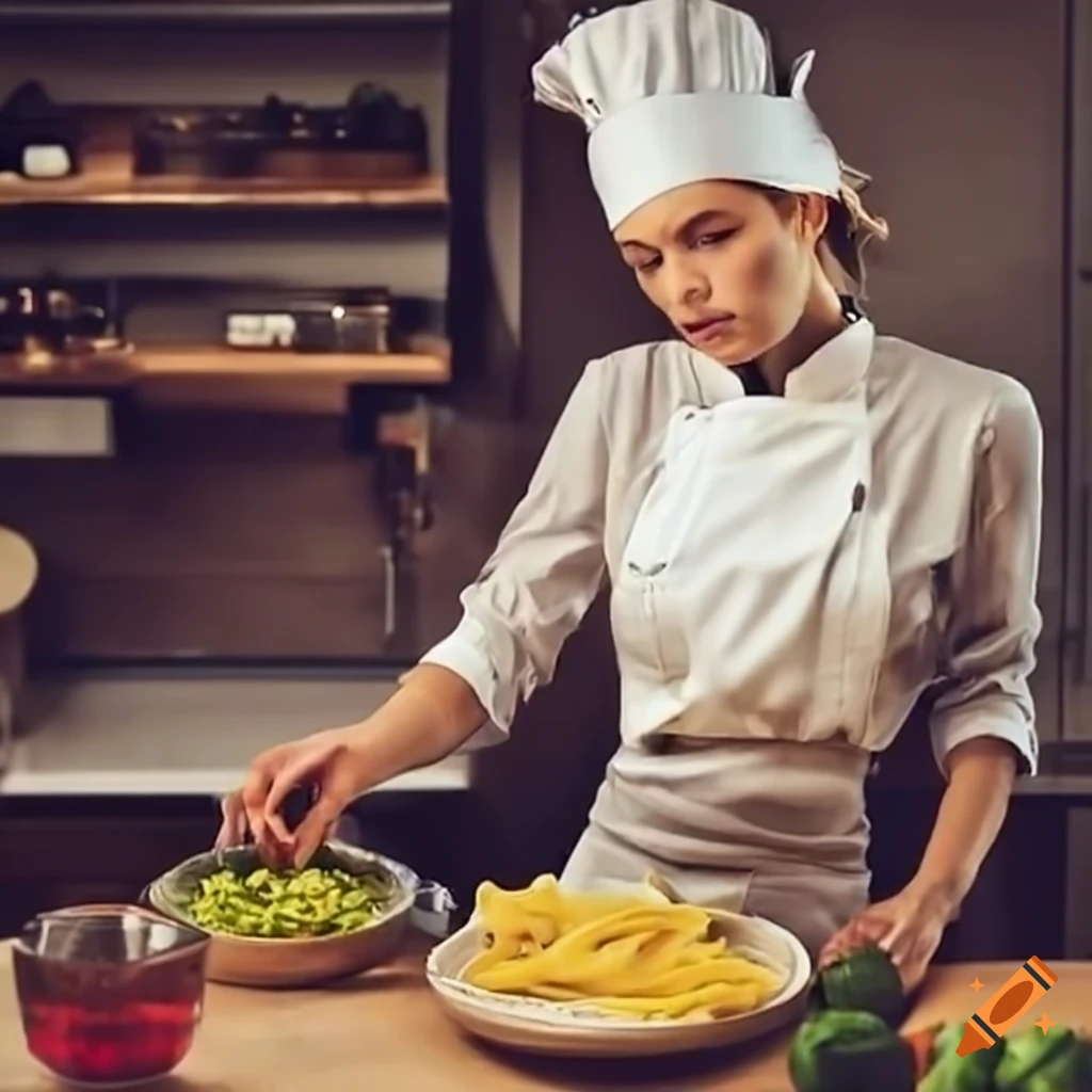 Chef cooking pasta in a busy kitchen with fresh ingredients