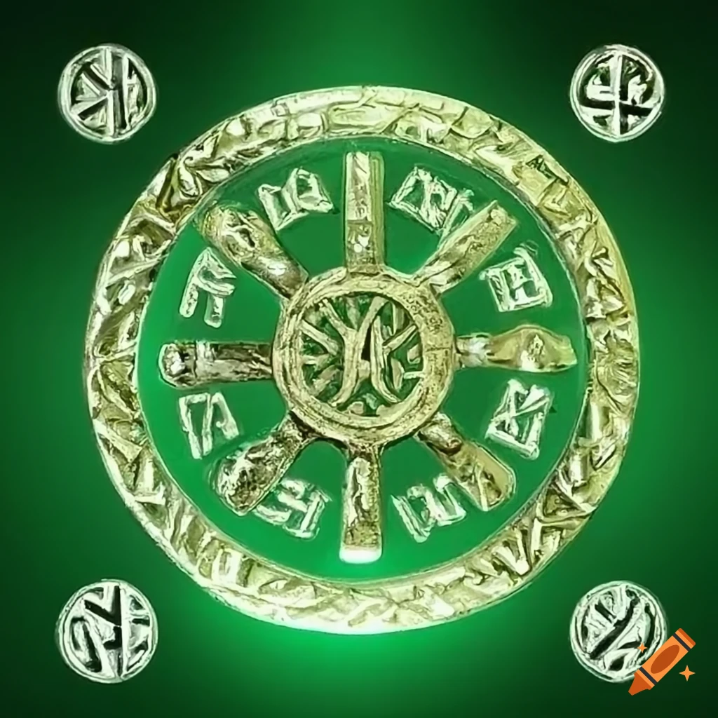 A gold viking circle with 2-3 runes on it , on a green screen on Craiyon