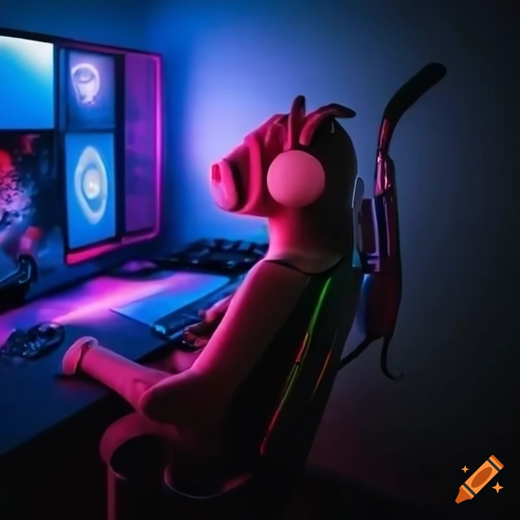 A gamer pig sitting in front of a computer with headphones and gaming ...