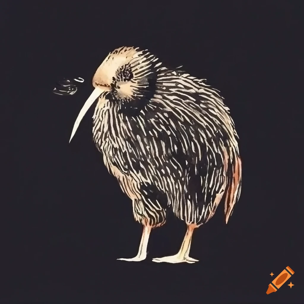 Kiwi bird illustration in black ink, funny