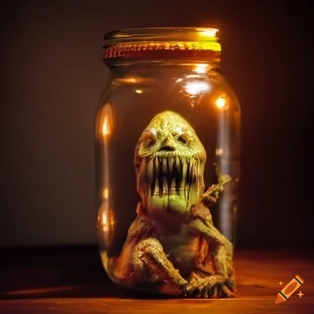 Monster in a jar,outside,close up,lights,fantasy art