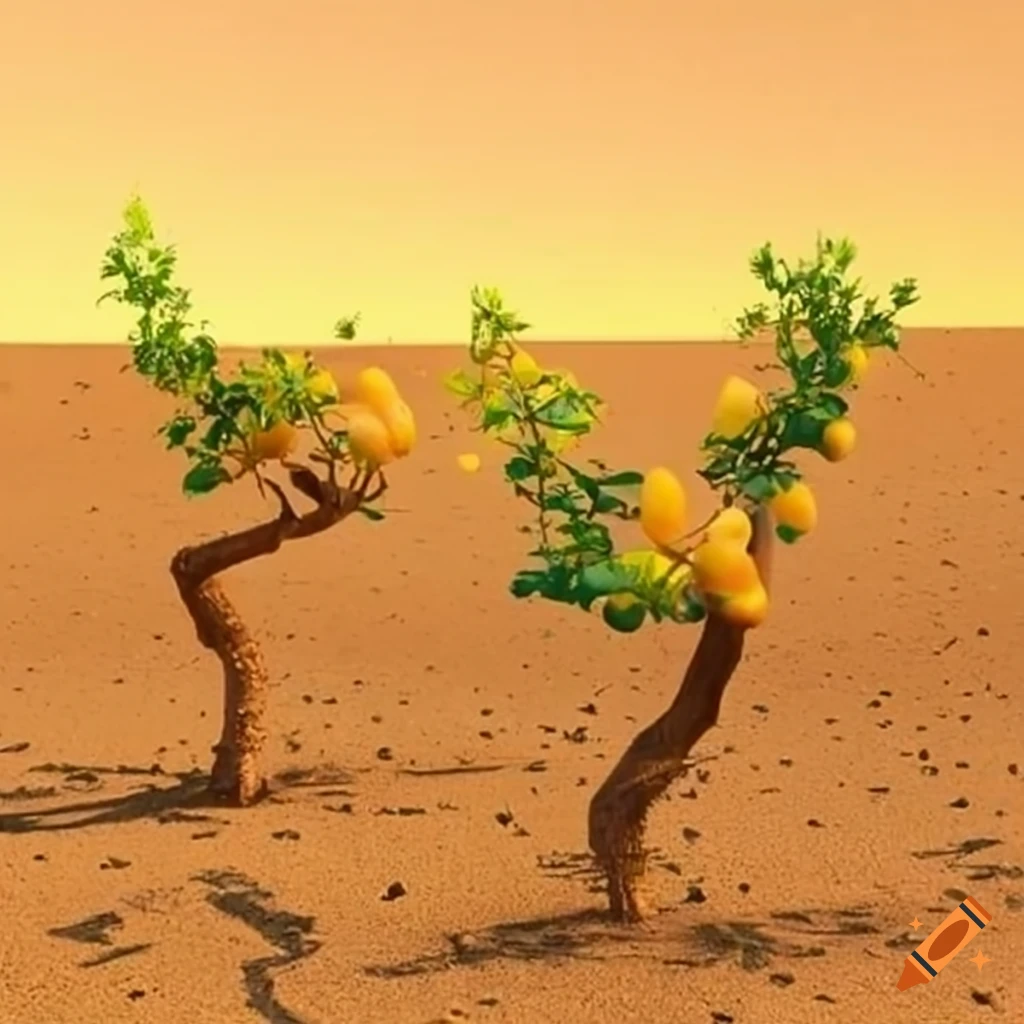 Small rainbow trees with golden fruit thriving in a barren wasteland