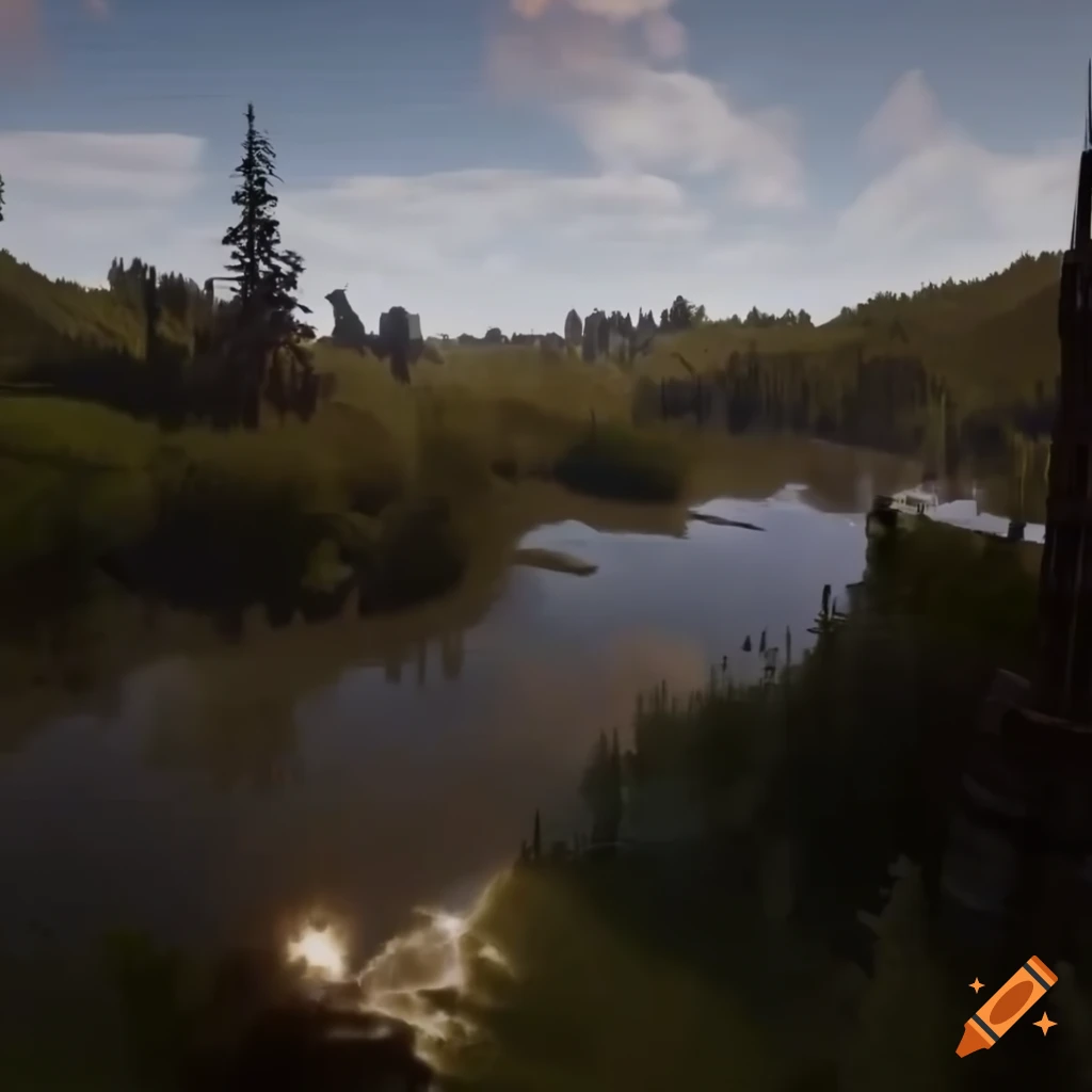 Unreal engine 5 aerial view of sci-fi german landscape with fields and ...
