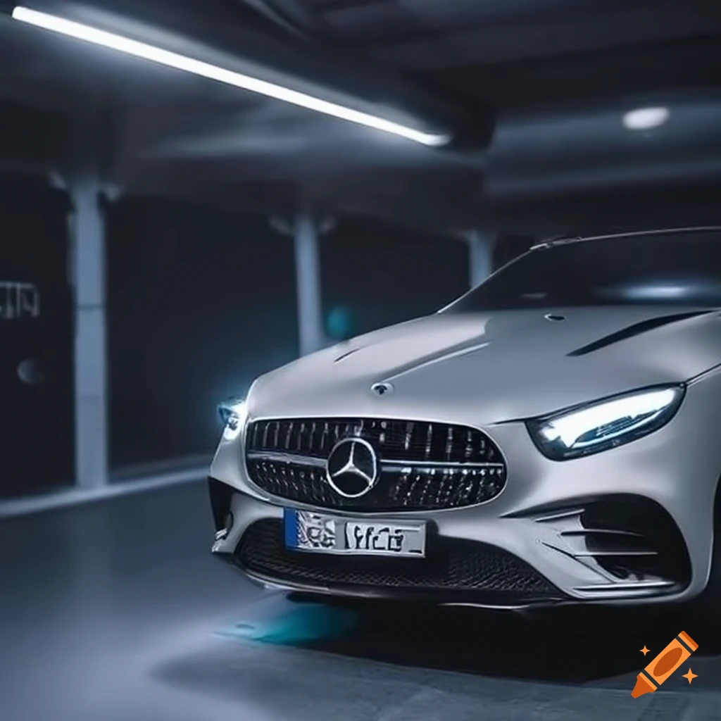 Mercedes amg in a garage with glare headlights