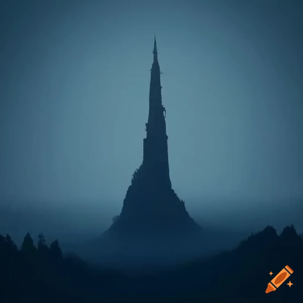 A mysterious tower peeking through the foggy mountains