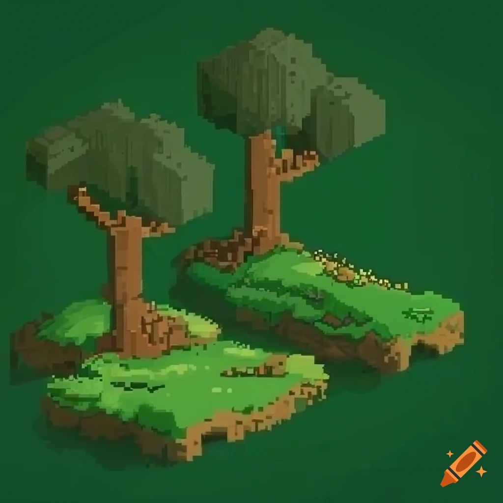 Isometric pixel art of a forest tileset