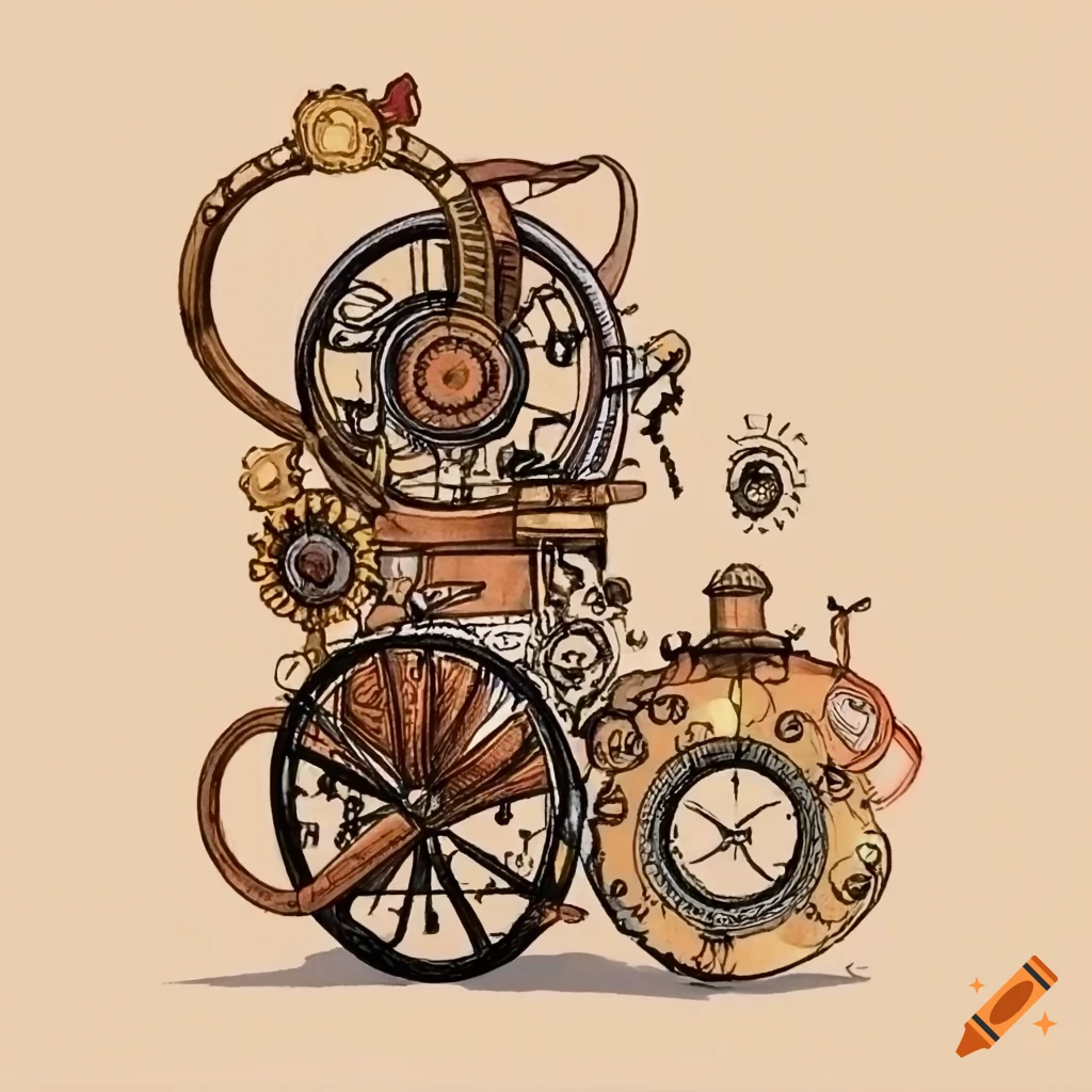 Steampunk inspired line drawing of a pennyfarthing on Craiyon
