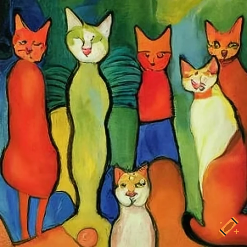 7 cats, tired, silly, abstract painting by august macke