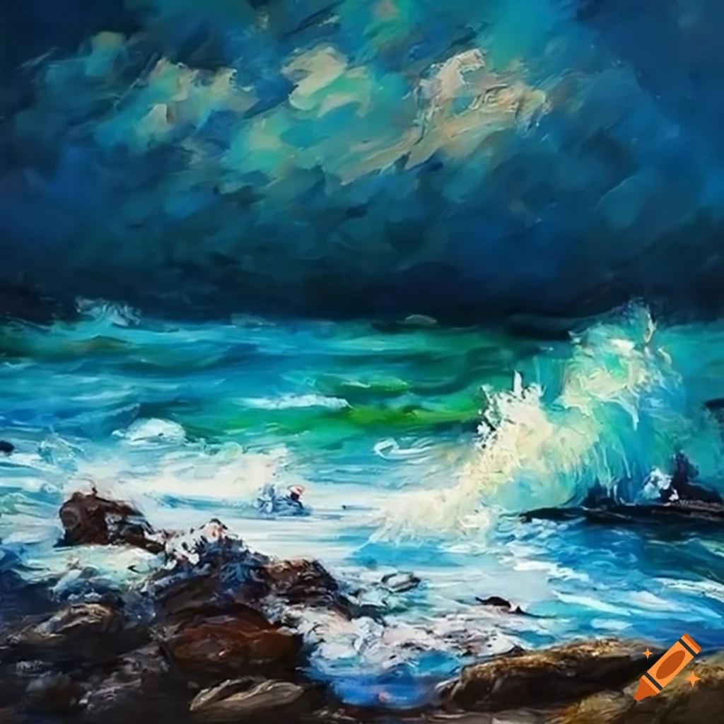 Impressionist_painting_of_ocean_waves_crashing_onto_rocky_shore on Craiyon