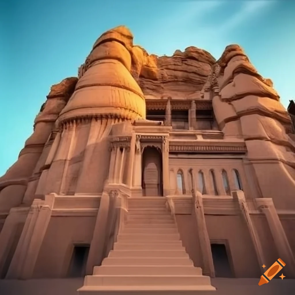 Fancy sandstone palace built into a cliff, with surrounding sandstone ...