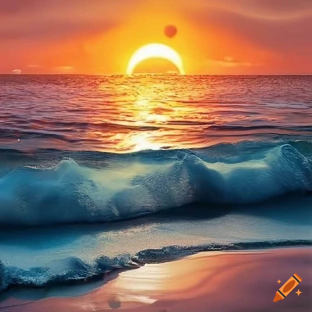 Wavy sea with a setting sun from the beach, Wall Art on Craiyon