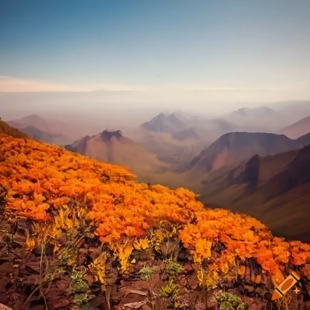 Exotic valley with orange flowers overlooking a volcanic horizon