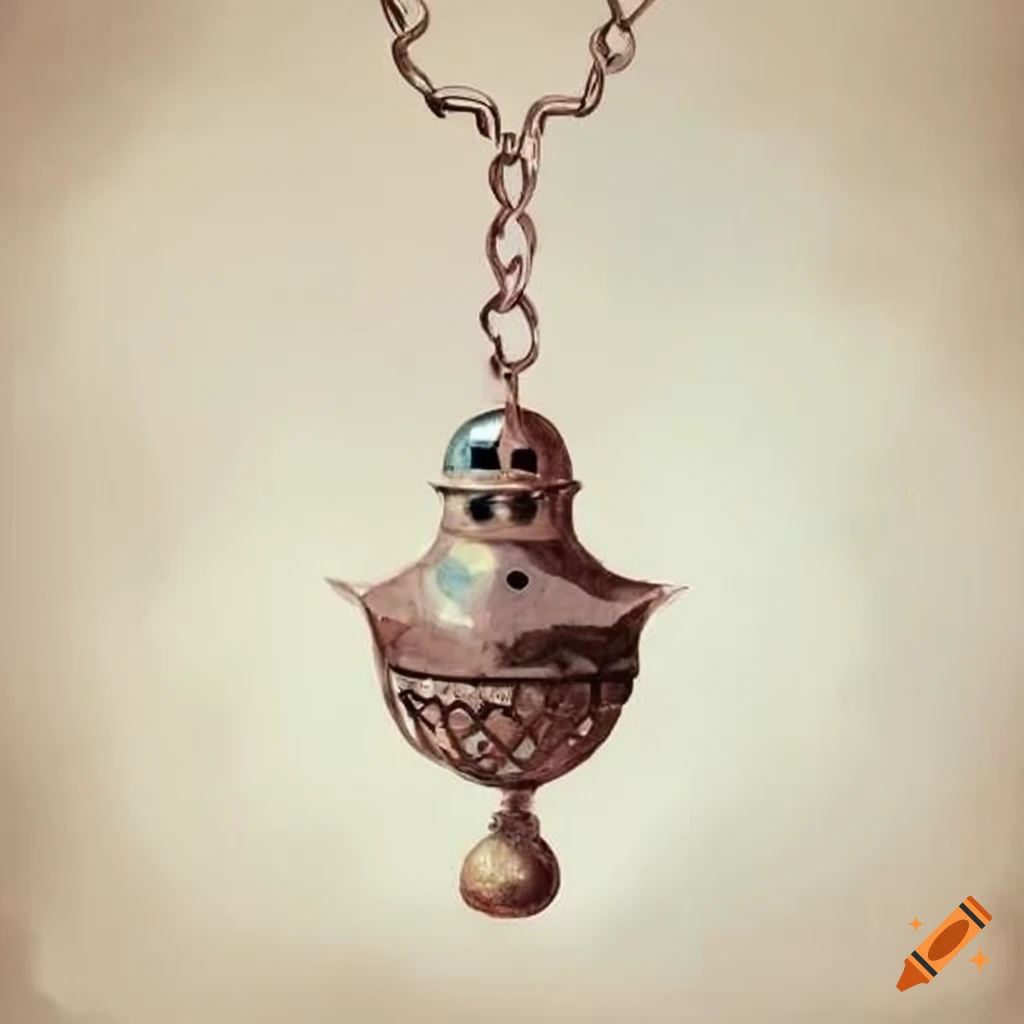 A silver censer hanging from a chain, triangular on Craiyon