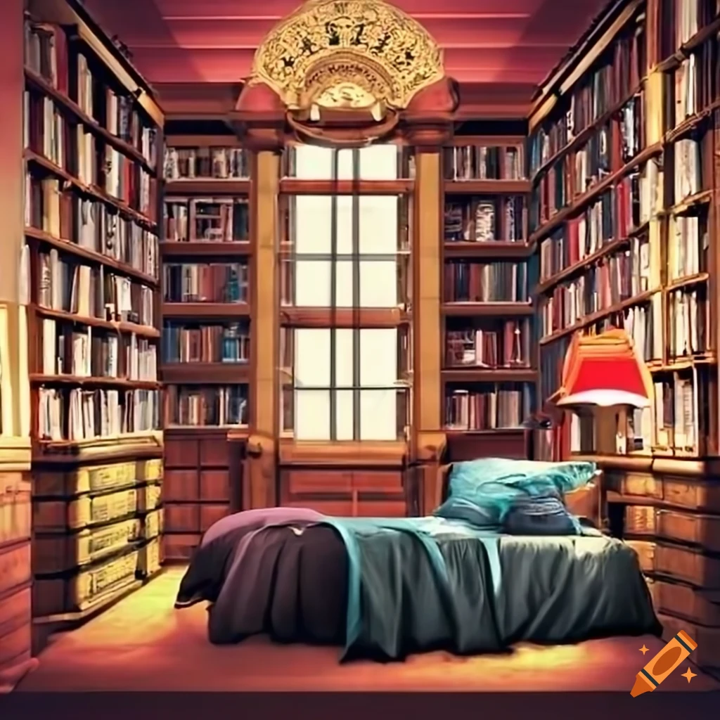 Bedroom in a library on Craiyon