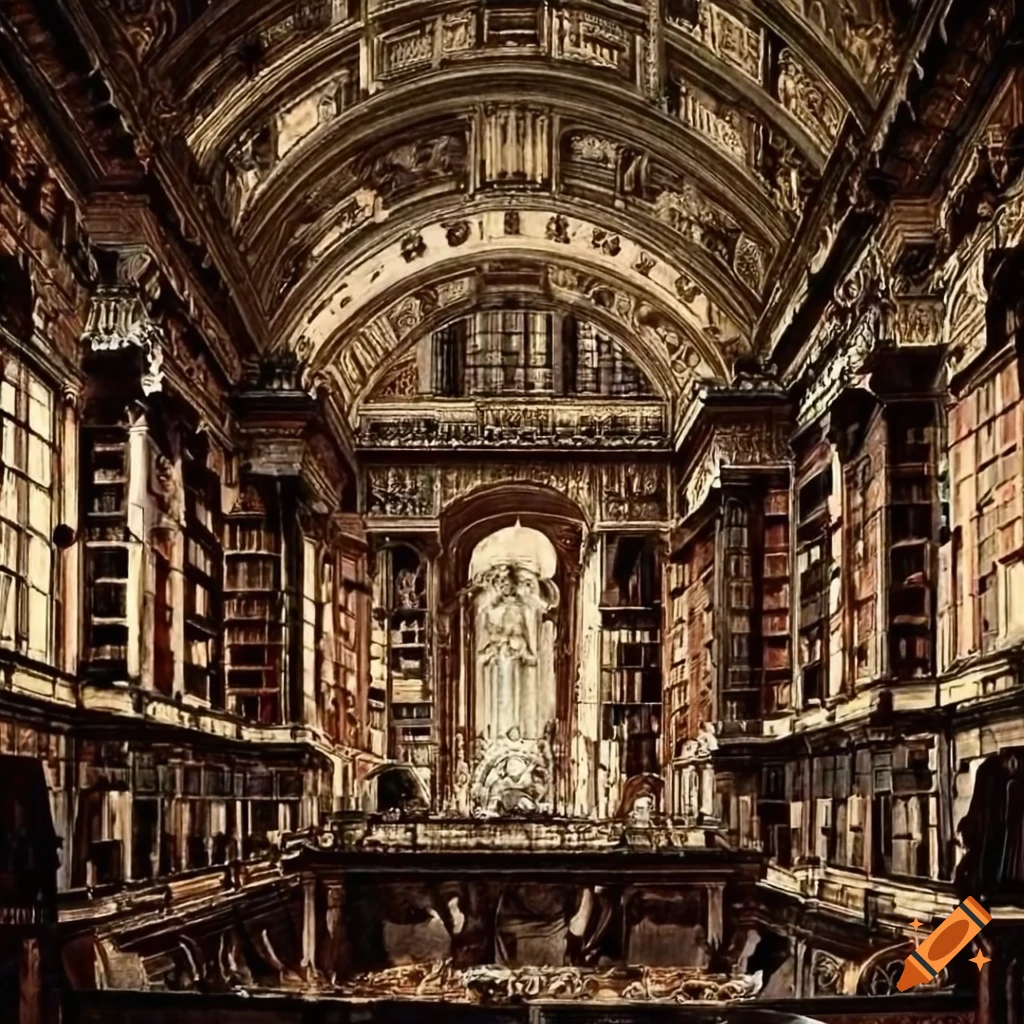 Monumental library interior, never built architecural fantasy inspired ...