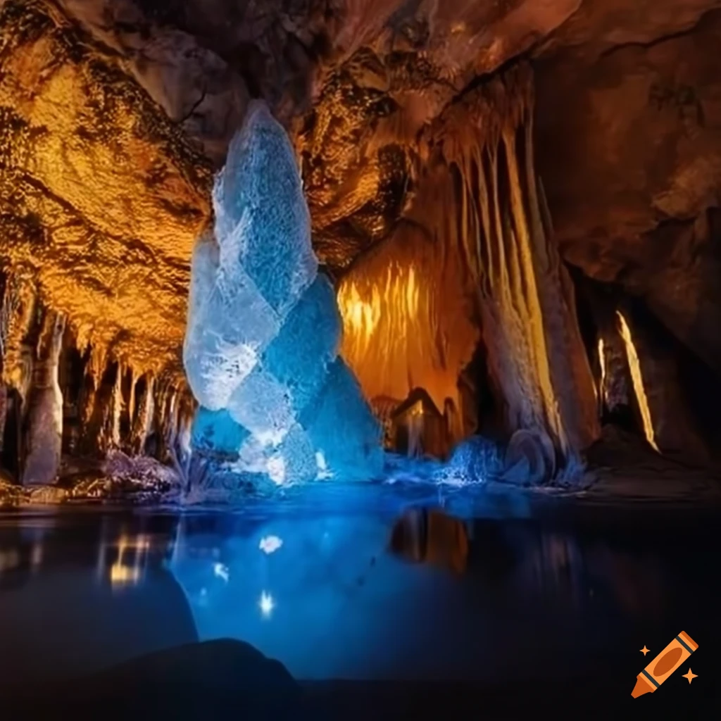 A stunning crystal cave with sparkling firn and volumetric light