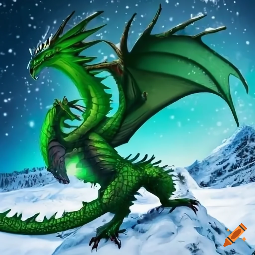 Green dragon in a snowy mountain on Craiyon