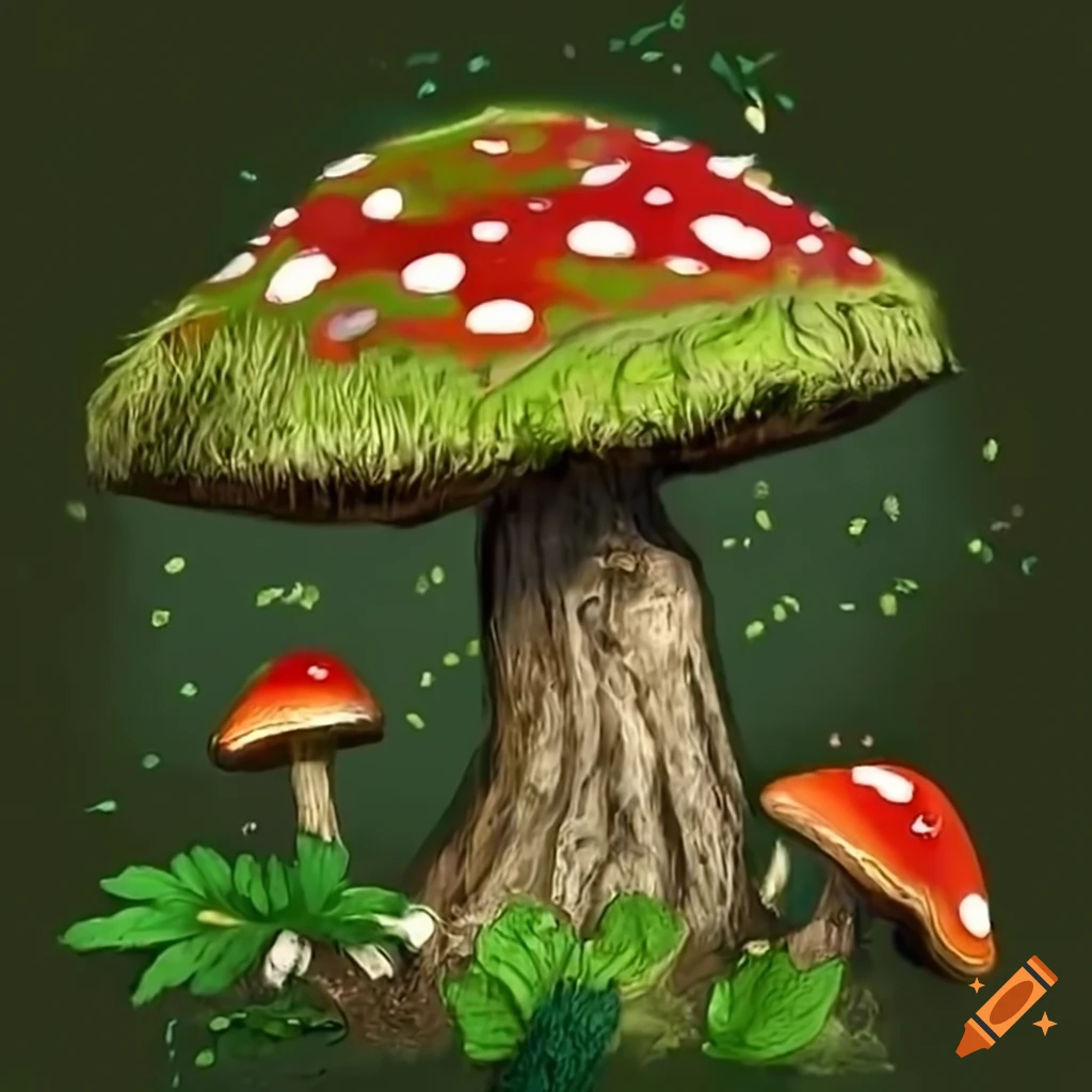 A mossy whole tree log with mushrooms and foliage on forest floor