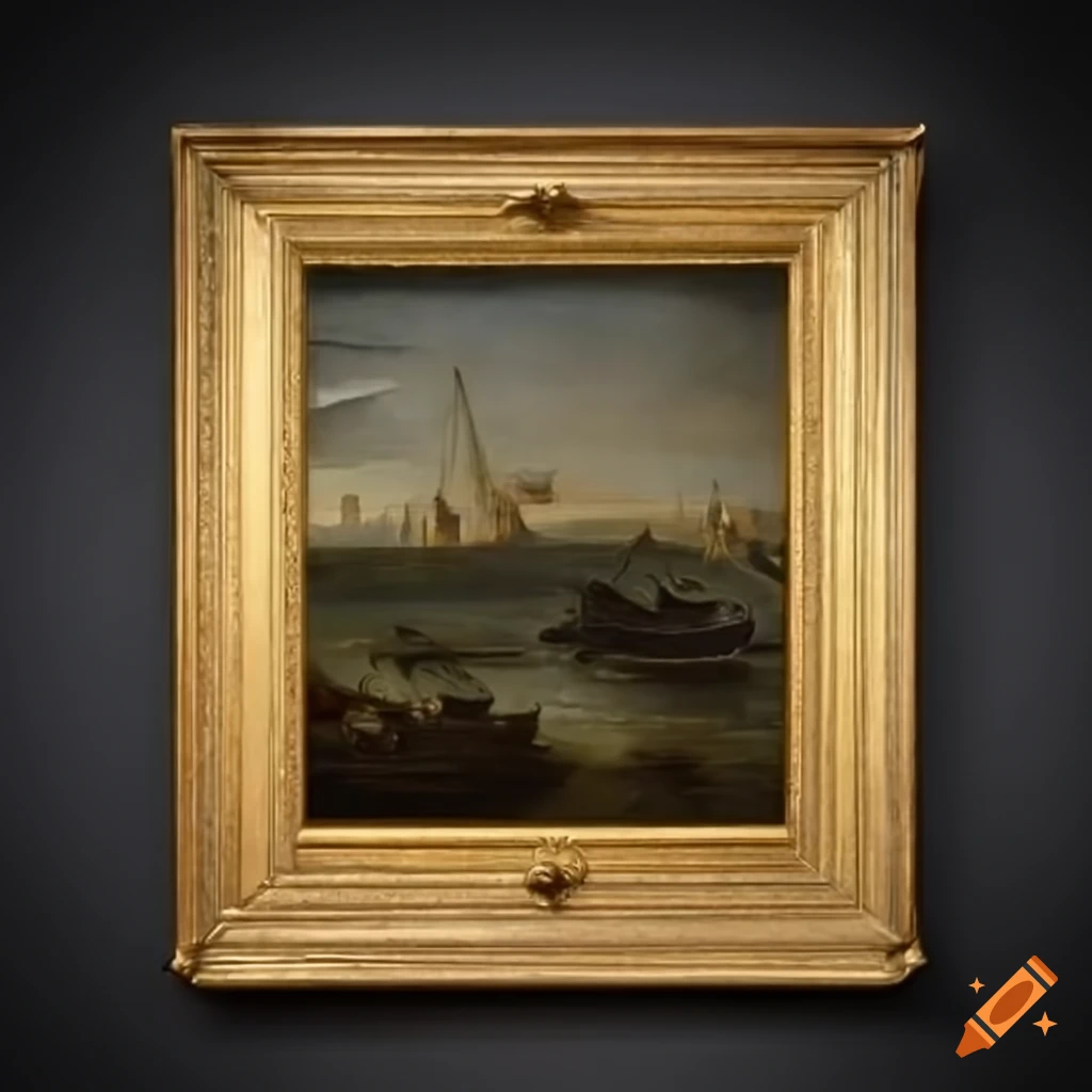 Oil painting on canvas in a golden frame in baroque style, landscape ...