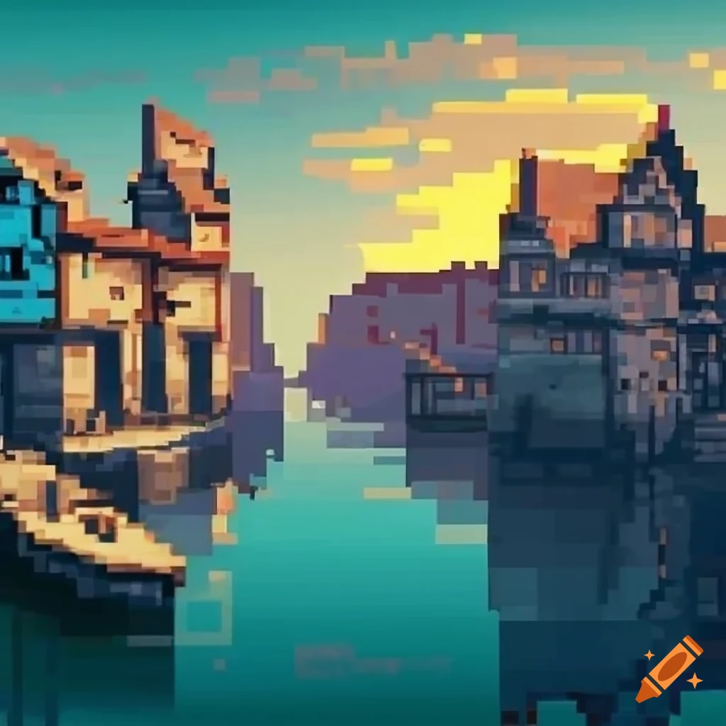 Realistic pixel art of a medieval harbour
