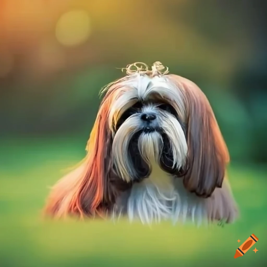 A playful lhasa apso dog wagging its tail in the garden on Craiyon