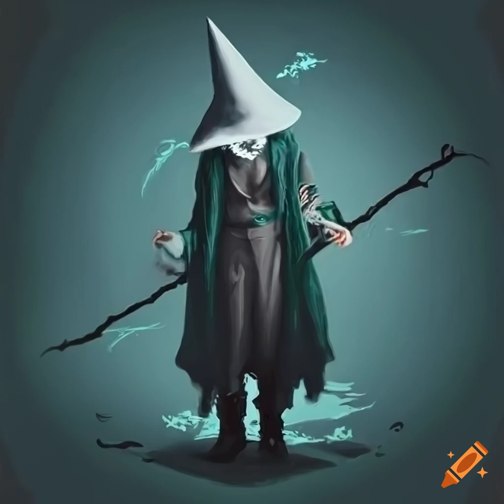 Young Wizard with long black hair wearing a white half mask, grey robes ...