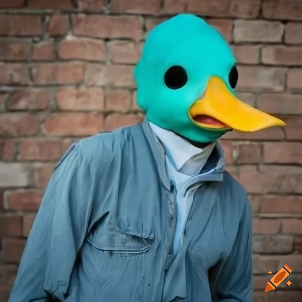 Man with cyan duck mask laughing with two friends