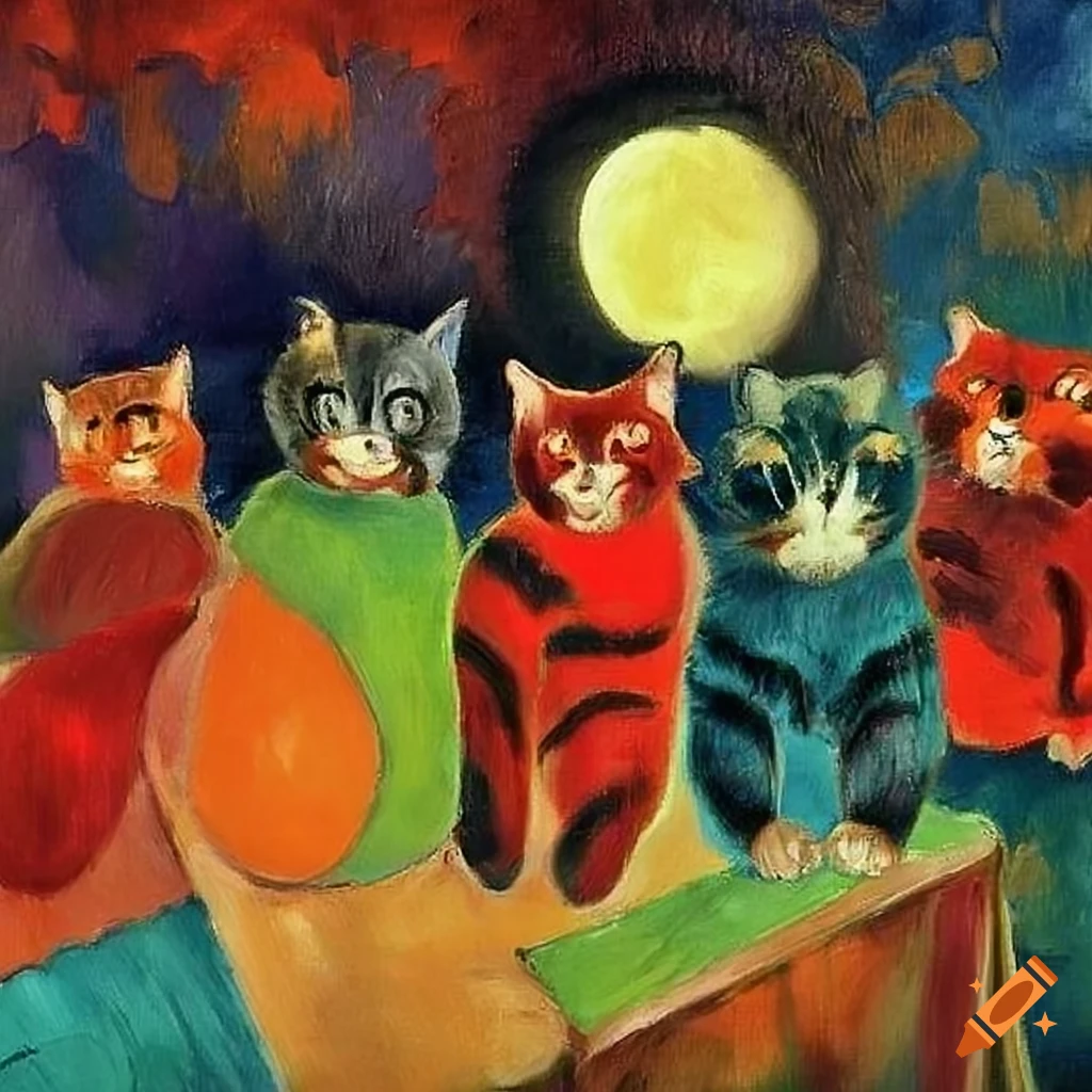 Four tired goofy cats, sitting on an old wooden backyard fence, singing ...