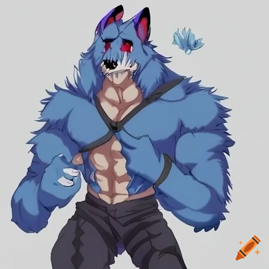 Strong male lupine humanoid with blue fur and red eyes furry anime on ...