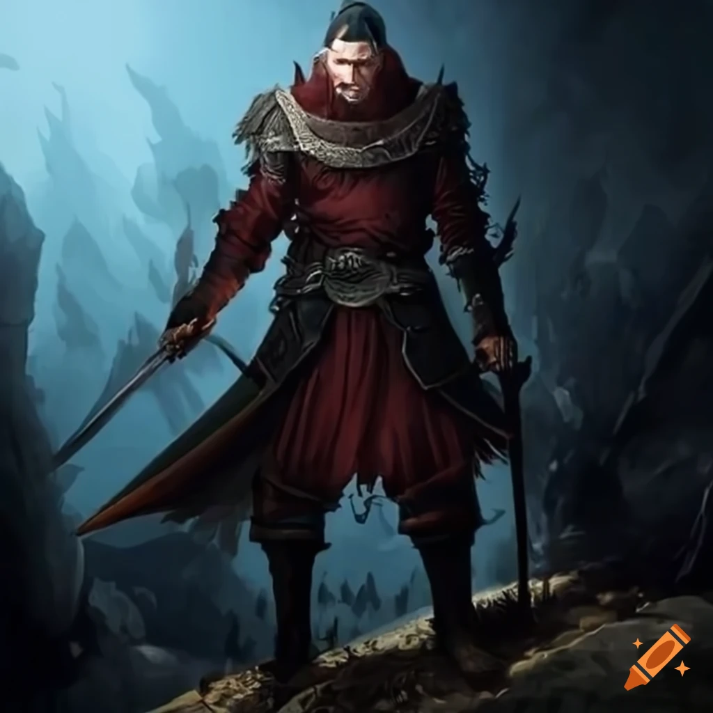 A swordsman standing on a mountain, ready for battle on Craiyon