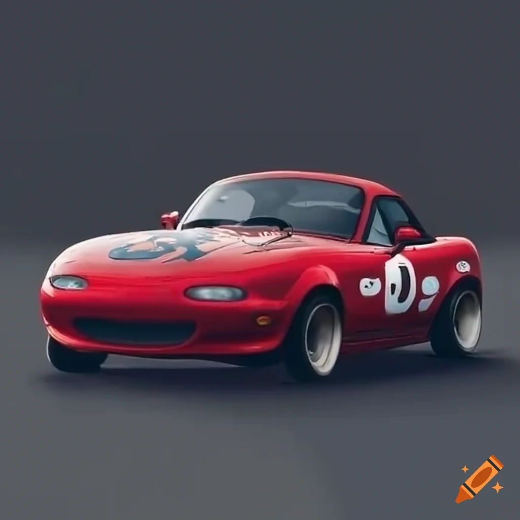 Mazda miata race-car with big wing, parked at the track
