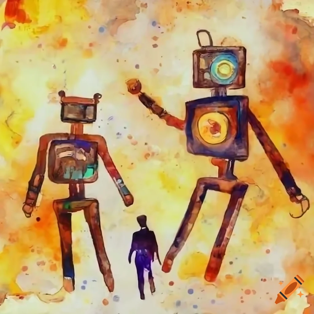 Prehistoric cave painting of humans and robots celebrating together ...