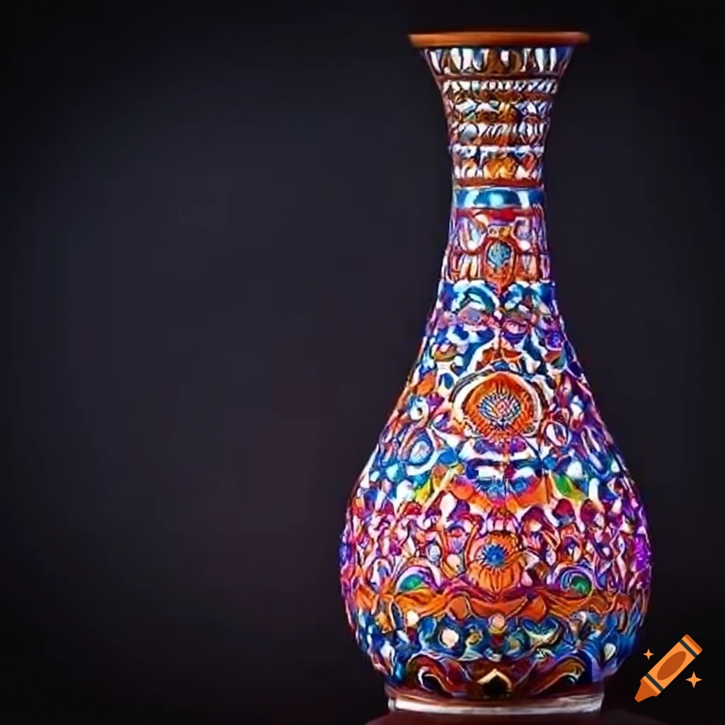 An intricate vase with indian-inspired patterns and vibrant colors