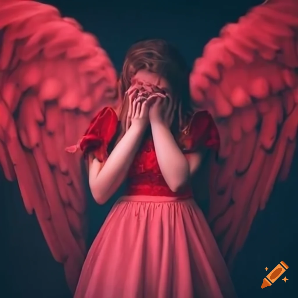 A crying angel in red