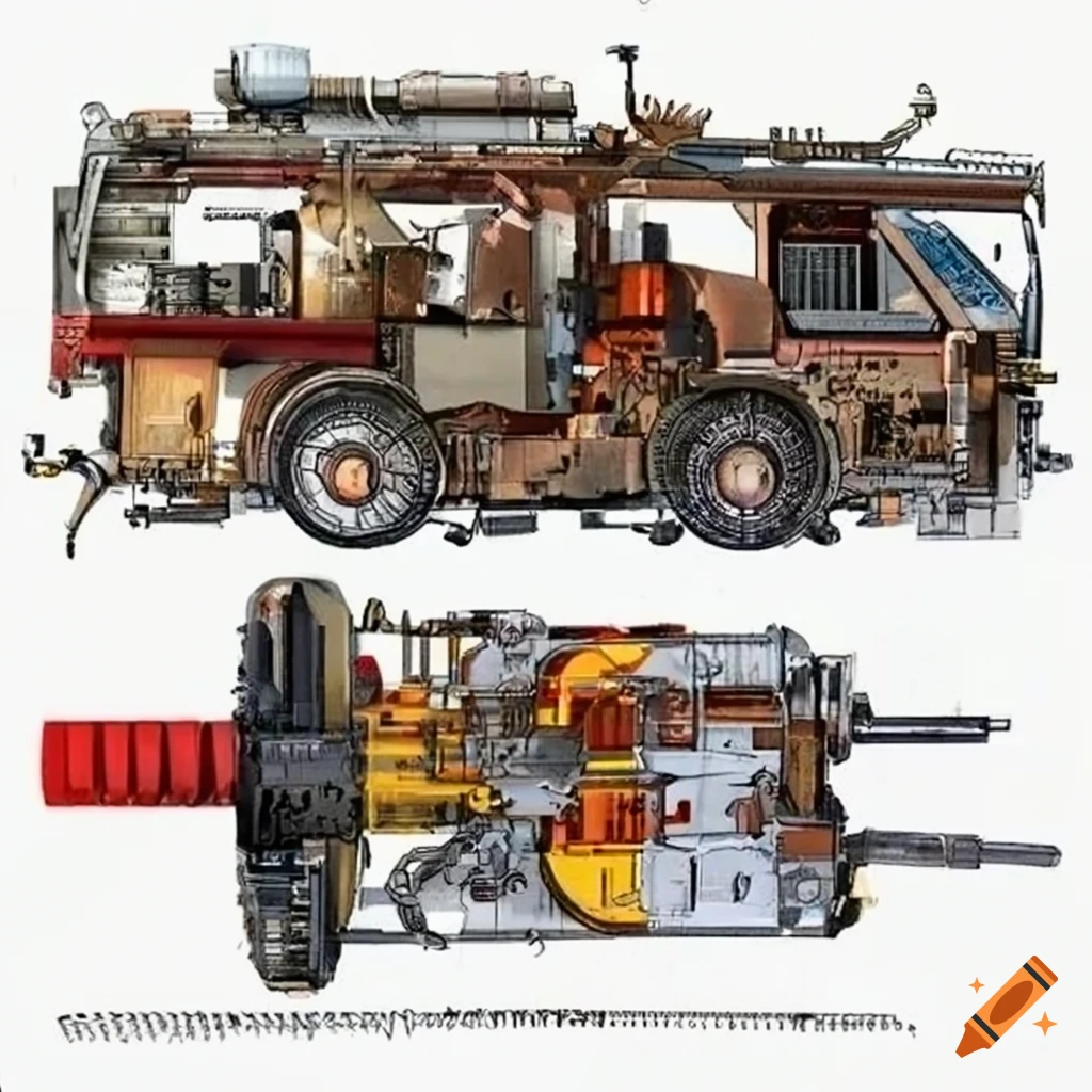 Exploded cutaway drawing service manual intricate parts on Craiyon