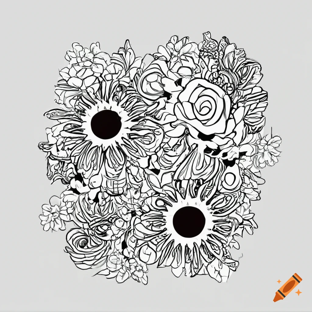 2d outline, simple vector monochrome coloring page depicting flower ...