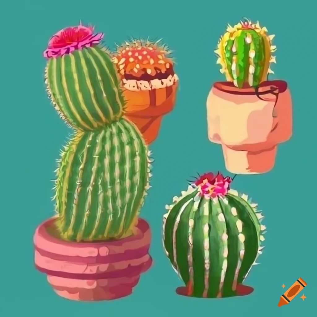 A lot of colourful cacti of different species, in the style of art of studio ghibli