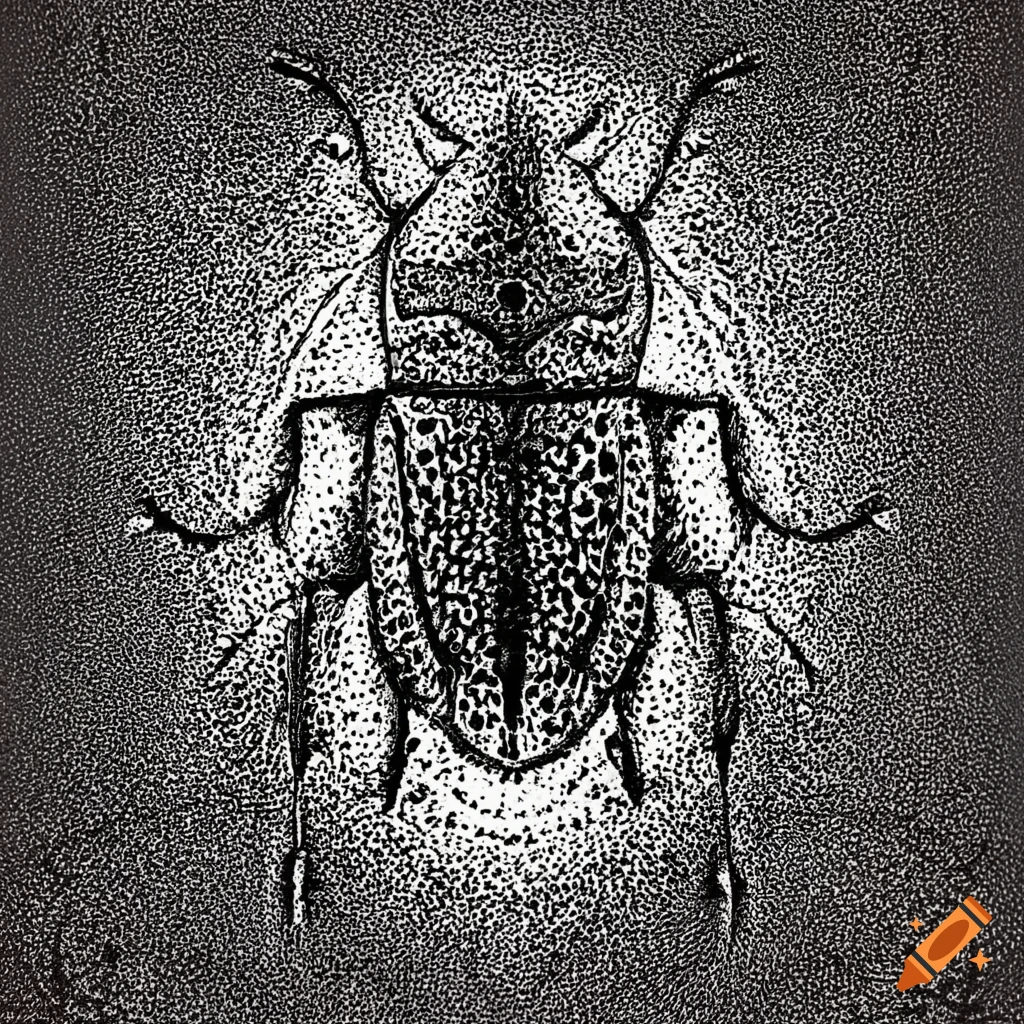 Stippling style black-and-white drawing of a rhinocerous beetle on Craiyon