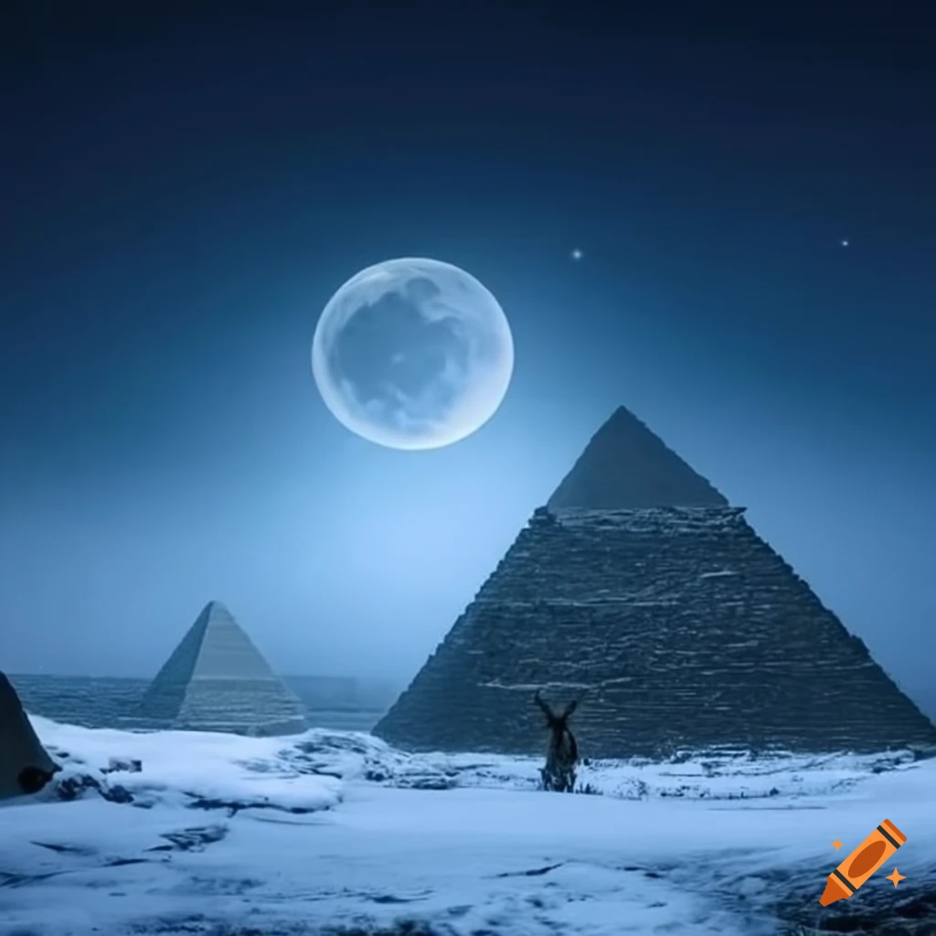 Snow falling on the pyramids in egypt in the moonlight on Craiyon
