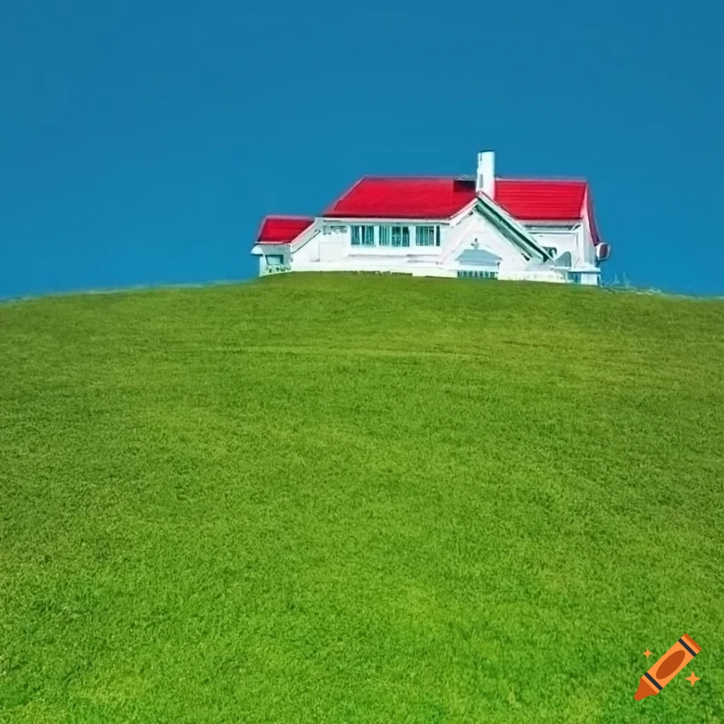 White house on a hill deep blue sky clouds light dreamlike liminal ...