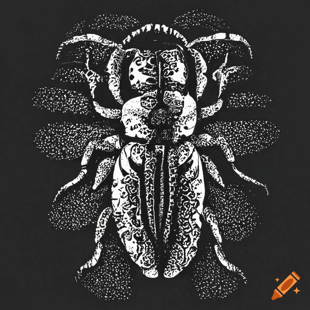 Stippling style black-and-white drawing of a jewel beetle on Craiyon