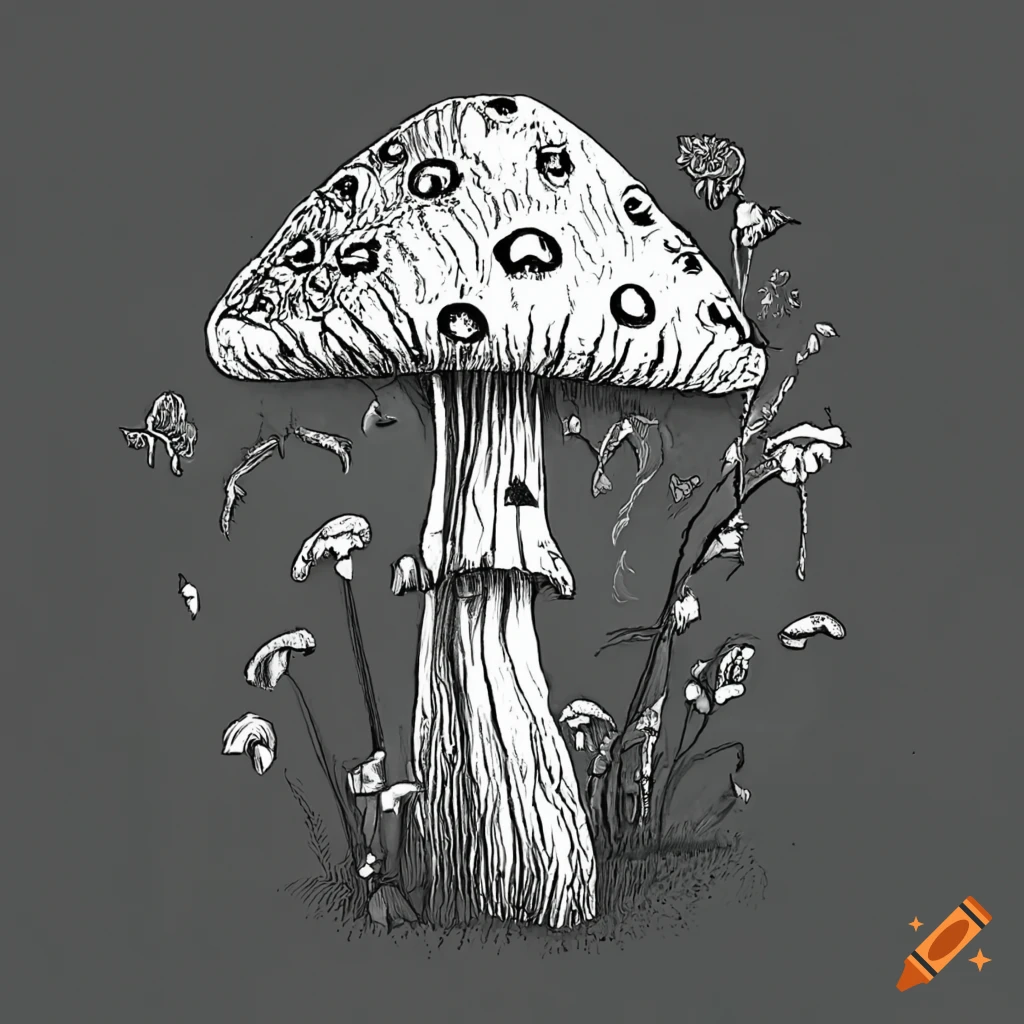 Giant mushrooms world, centropen draw, BW, look up on Craiyon
