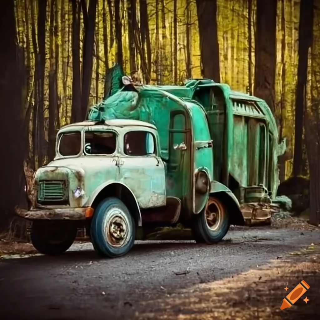 Vintage garbage truck in the forest on Craiyon